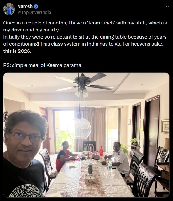 Hyderabad man's 'team lunch' pic with driver, maid makes internet smile