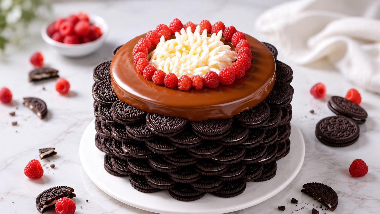 Oreo caramel raspberry layer cake