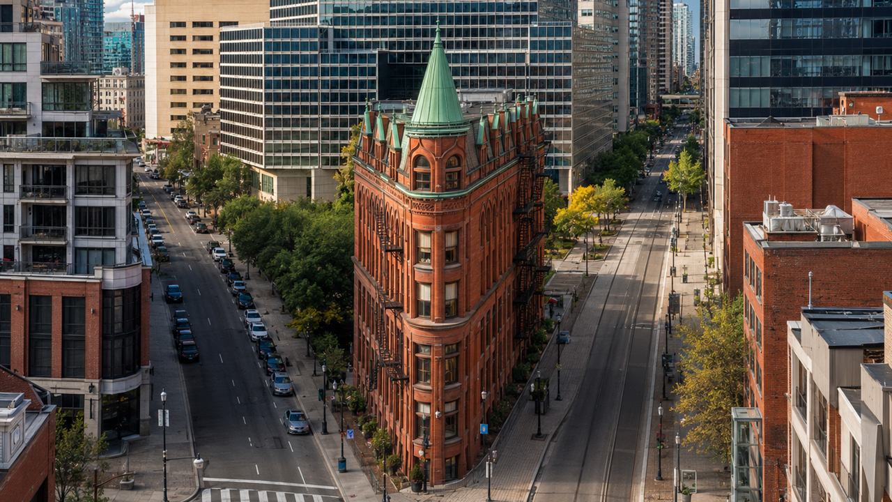 Gooderham Building framed by downtown Toronto streets