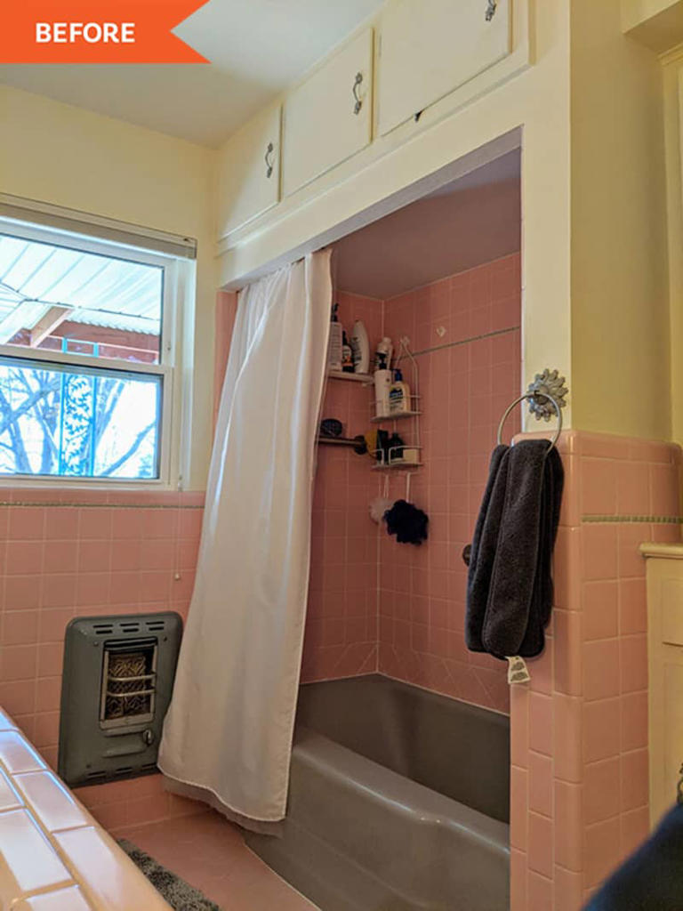 Original 1950s pink tile was saved in this bold, beachy $500 bathroom redo
