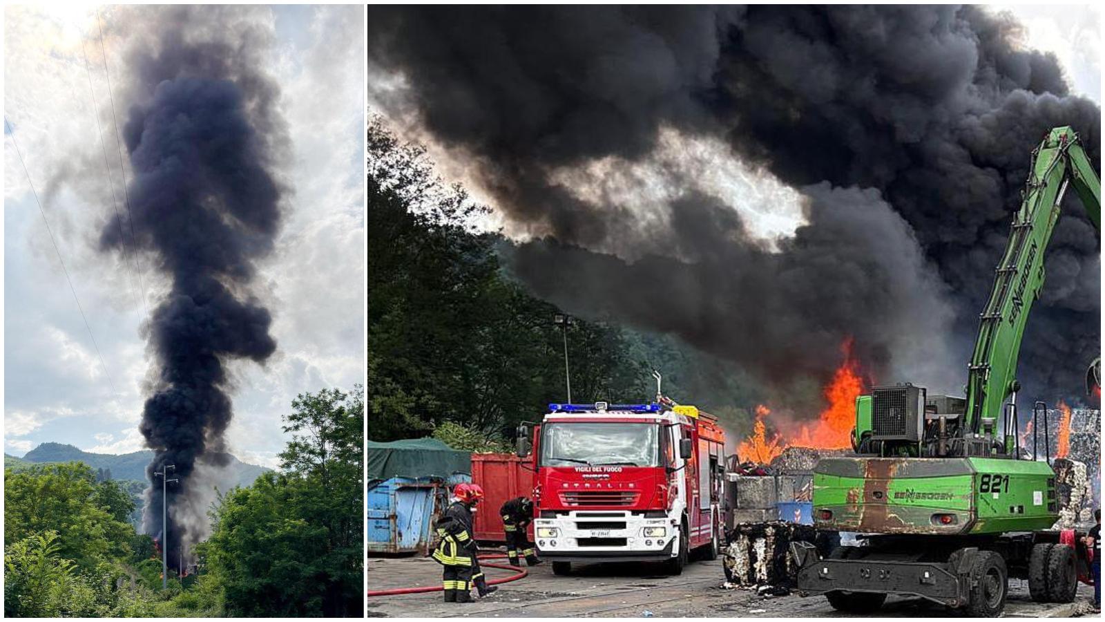 Pauroso incendio e alta colonna di fumo nero: brucia deposito del cartario