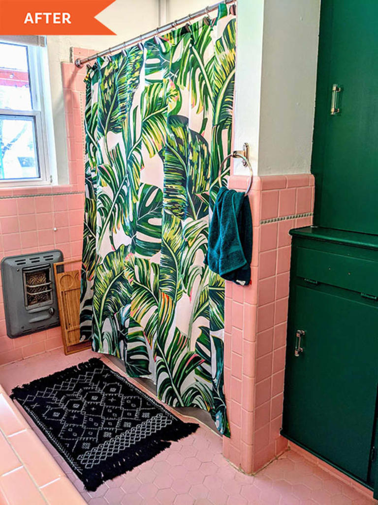 Original 1950s pink tile was saved in this bold, beachy $500 bathroom redo