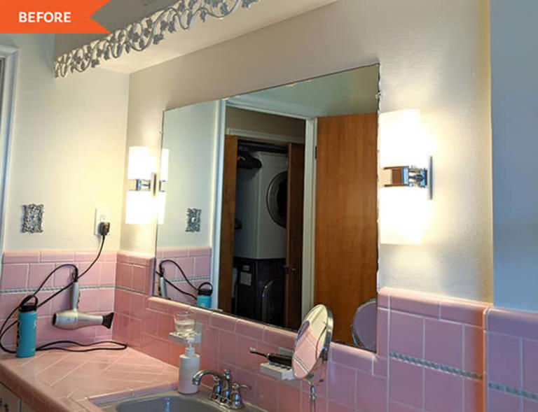 Original 1950s pink tile was saved in this bold, beachy $500 bathroom redo