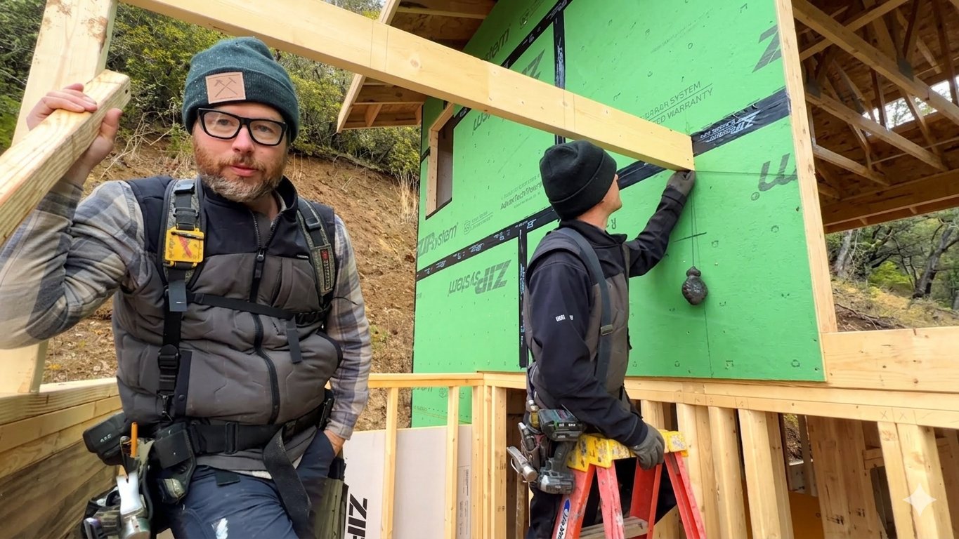 Building a porch roof on a mountain cabin