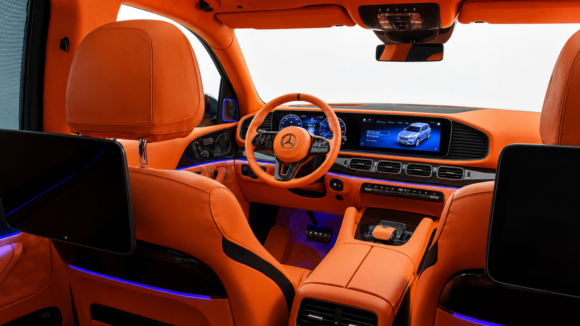 Inside a Mercedes Maybach GLS800 with bold orange style