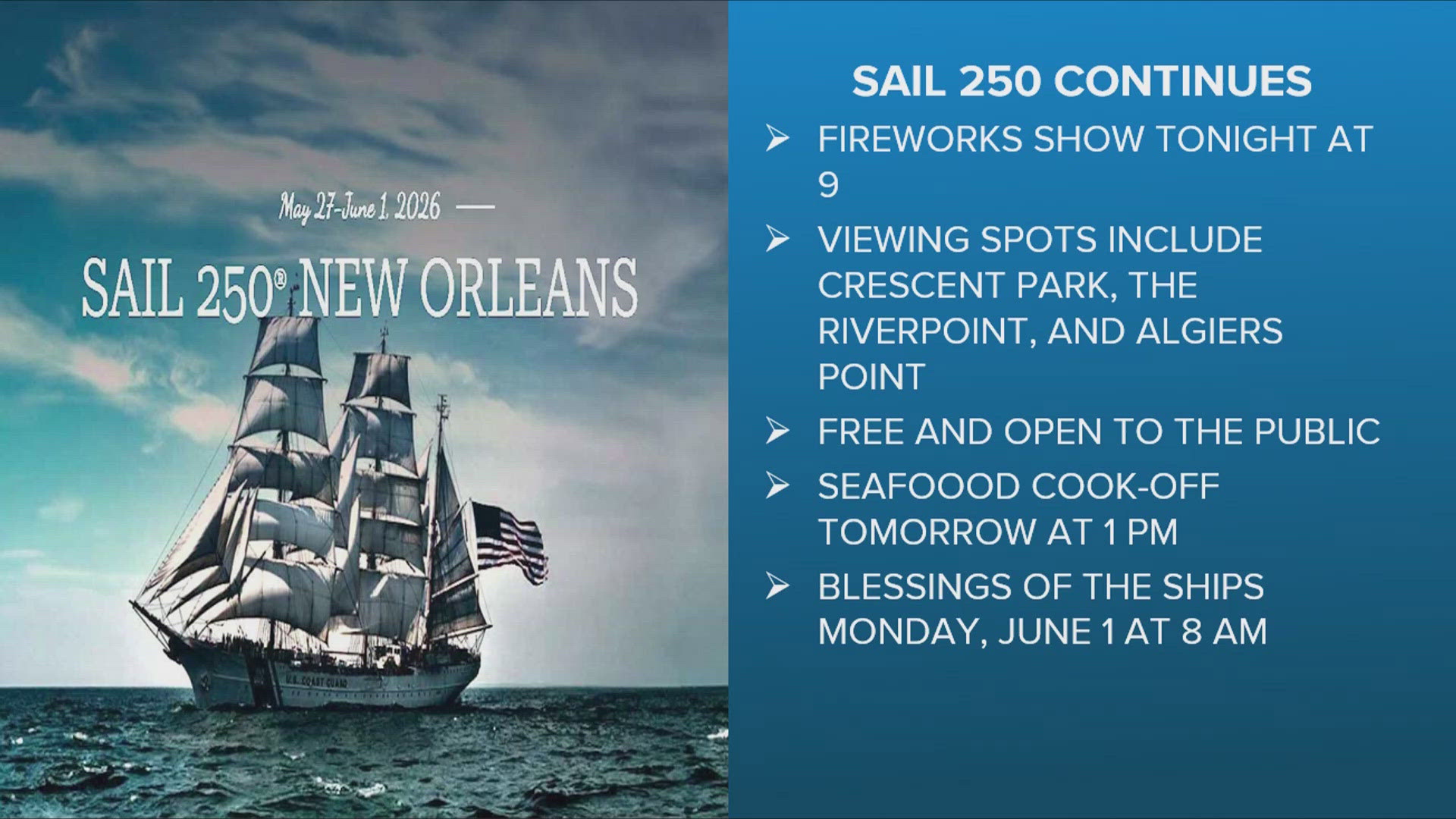 Sail 250 New Orleans fireworks show to kick off downtown