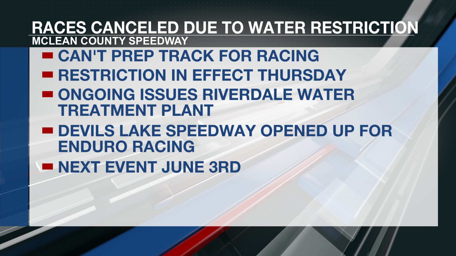 Riverdale water treatment plant issues force track to call off events