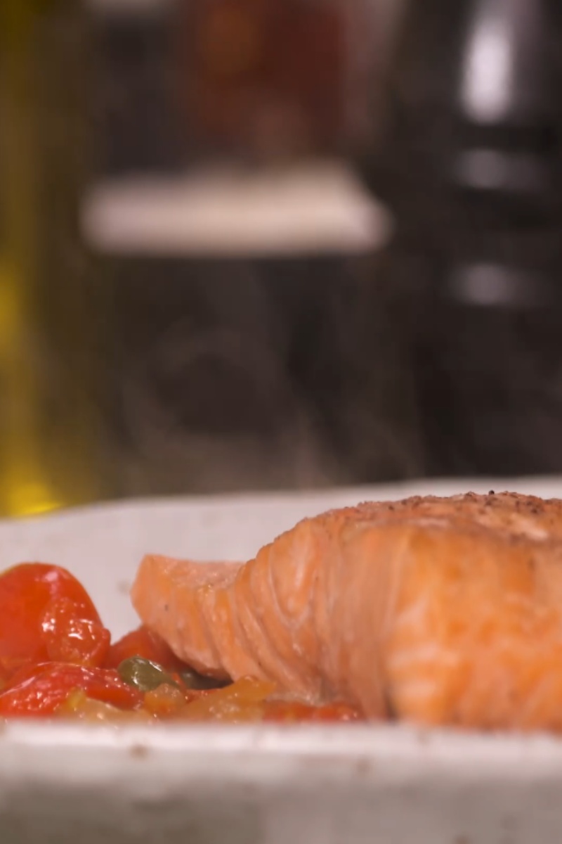 Mediterranean salmon with cherry tomato and caper sauce
