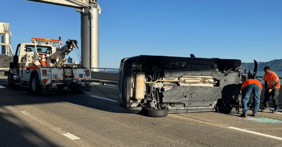 Car flipped on side in two-vehicle crash on Richmond-San Rafael Bridge