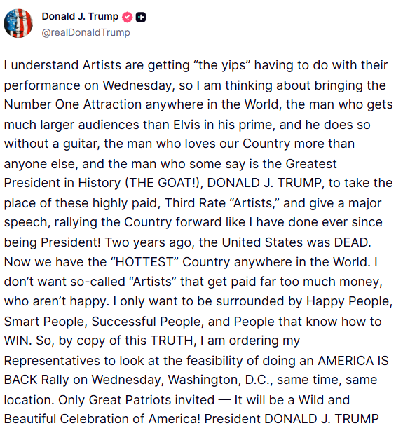 Trump steps in as headliner after wave of performer cancellations hits ...
