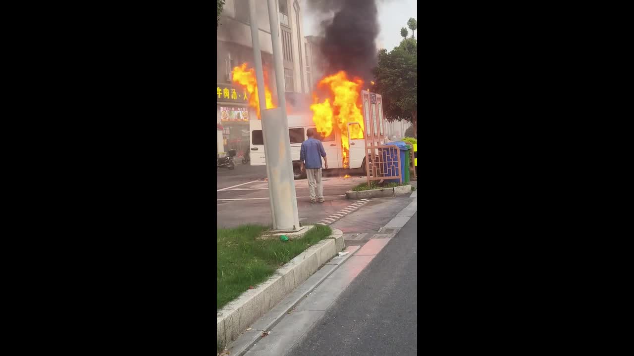 Massive van fire triggers small explosion in Jiangsu, China