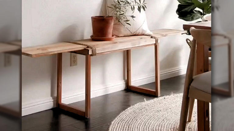 Turn an old shoe rack into an entryway bench using a few scrap pieces