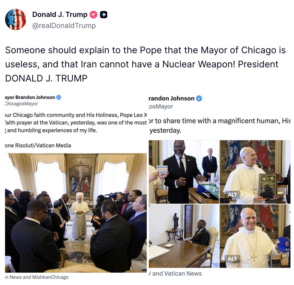 Donald Trump lashes out at Pope Leo for meeting with Chicago Mayor ...