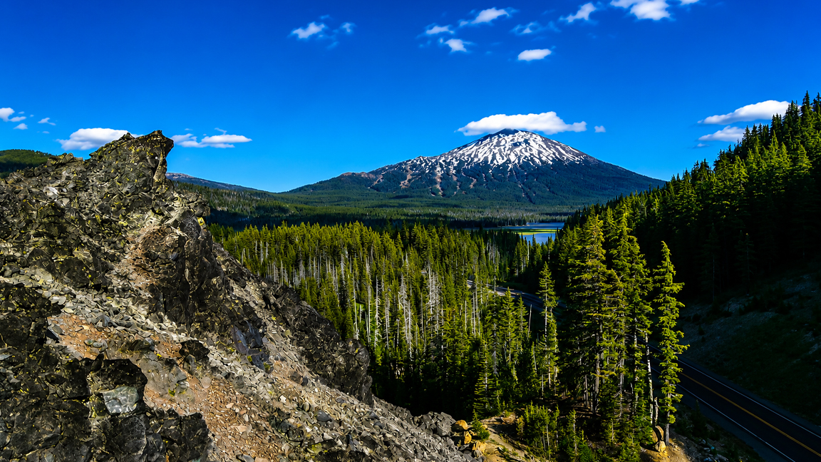 The snow-capped volcano hidden beyond an endless forest