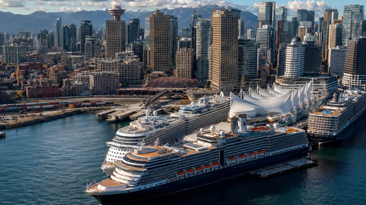 Vancouver harbor cruise ships framed by skyline and mountains