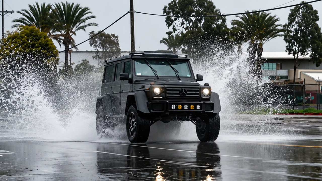 Driving a three hundred thousand dollar Mercedes G Wagon in heavy rain