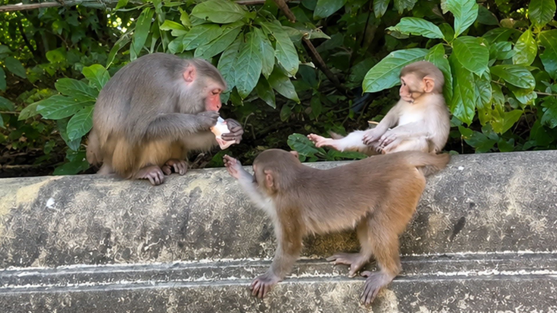 A curious baby monkey reaches out during family snack time