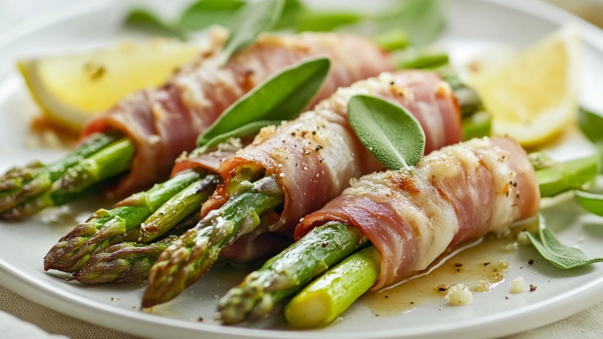 Spargel-Saltimbocca: grüner Spargel mit Salbei und Schinken