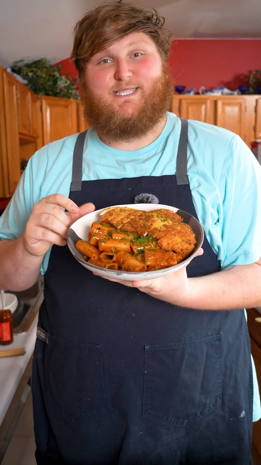 Spicy Korean-style chicken cutlet pasta with gochujang sauce