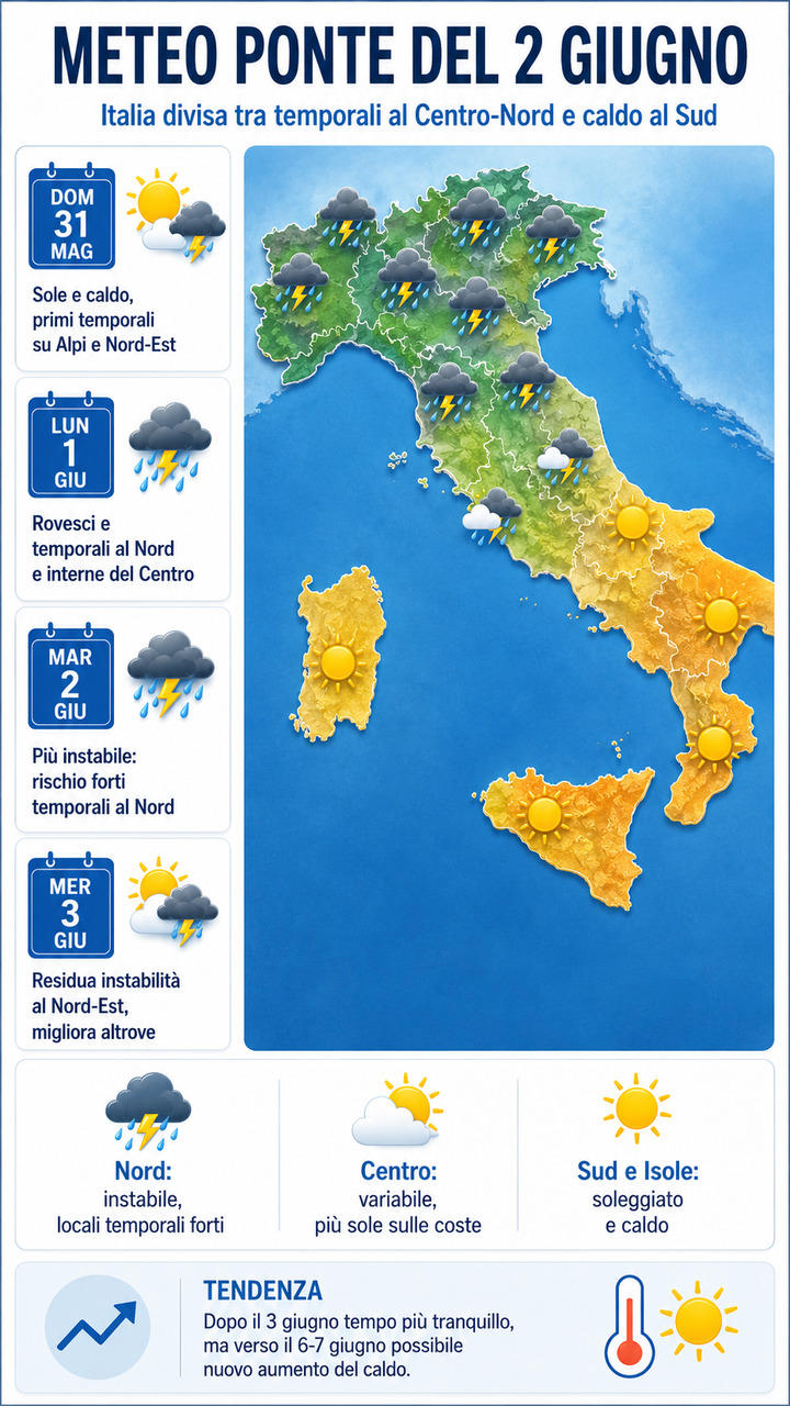 Meteo ponte 2 giugno, Italia divisa in due: forti temporali su 6 ...
