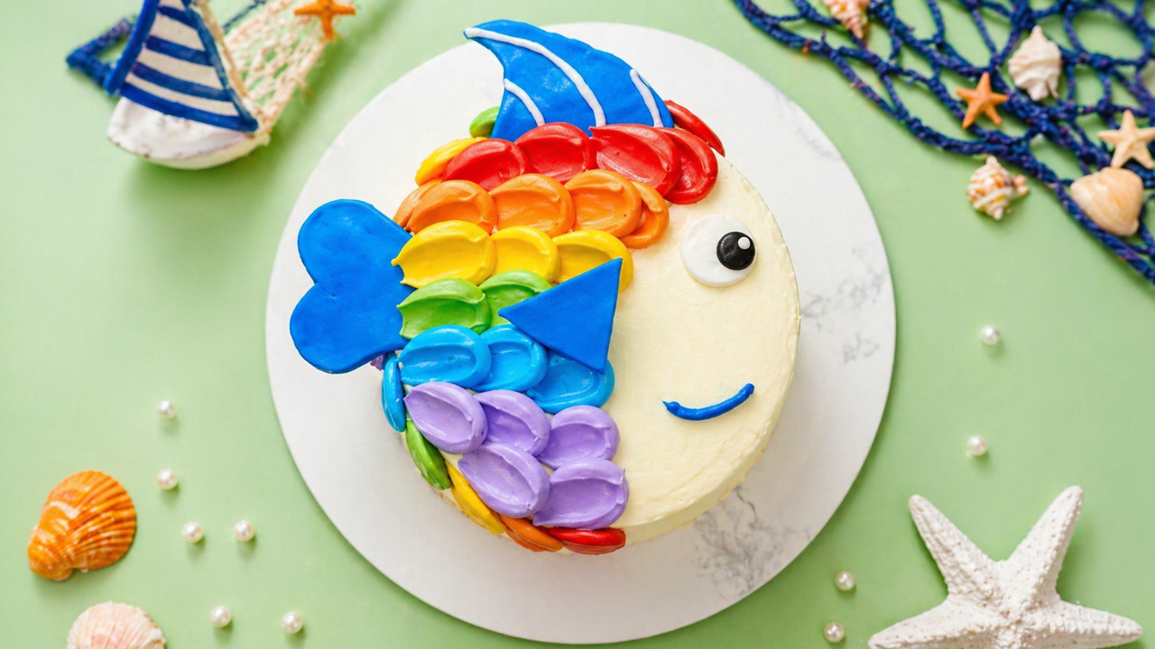 Kleurrijke taart met regenboogvis-thema
