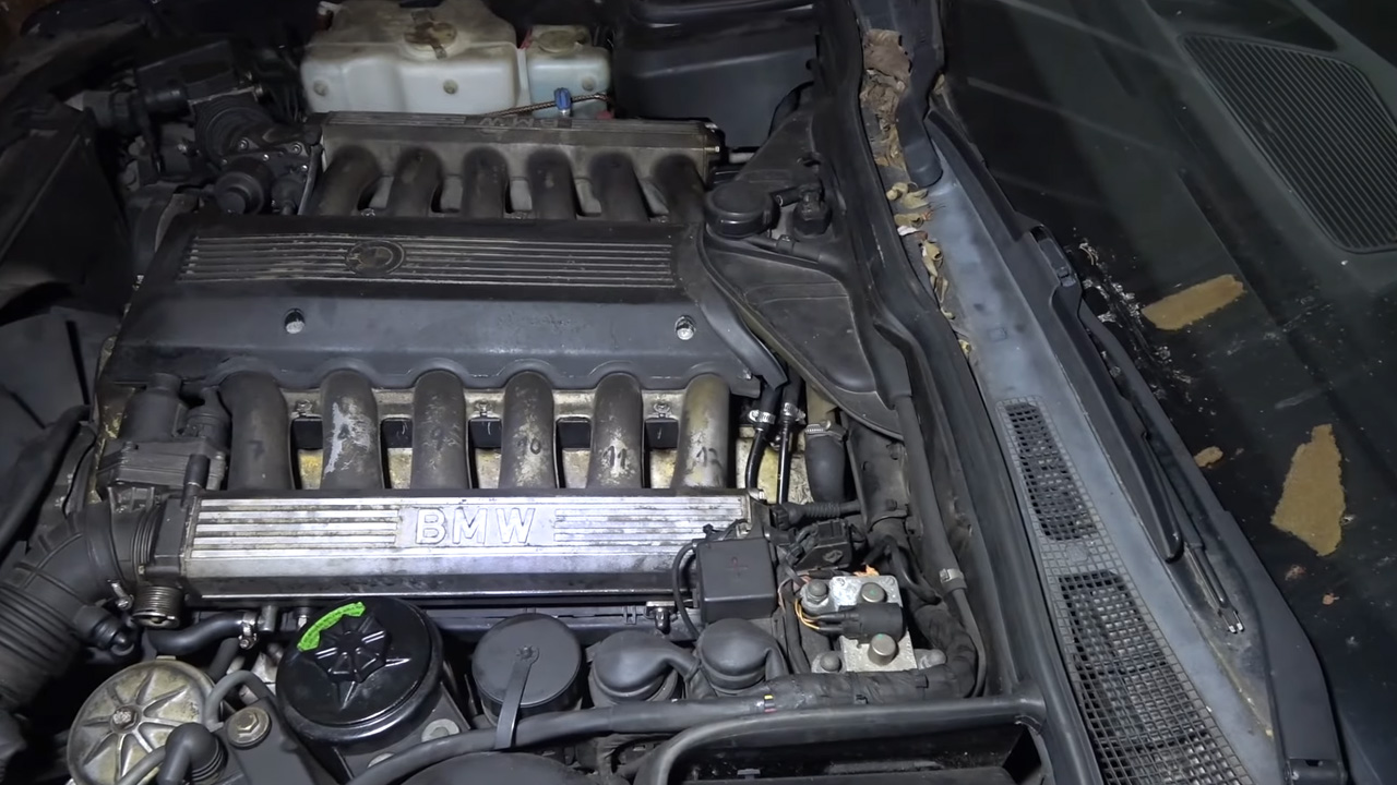 Inspecting a rare twelve cylinder engine inside this neglected BMW