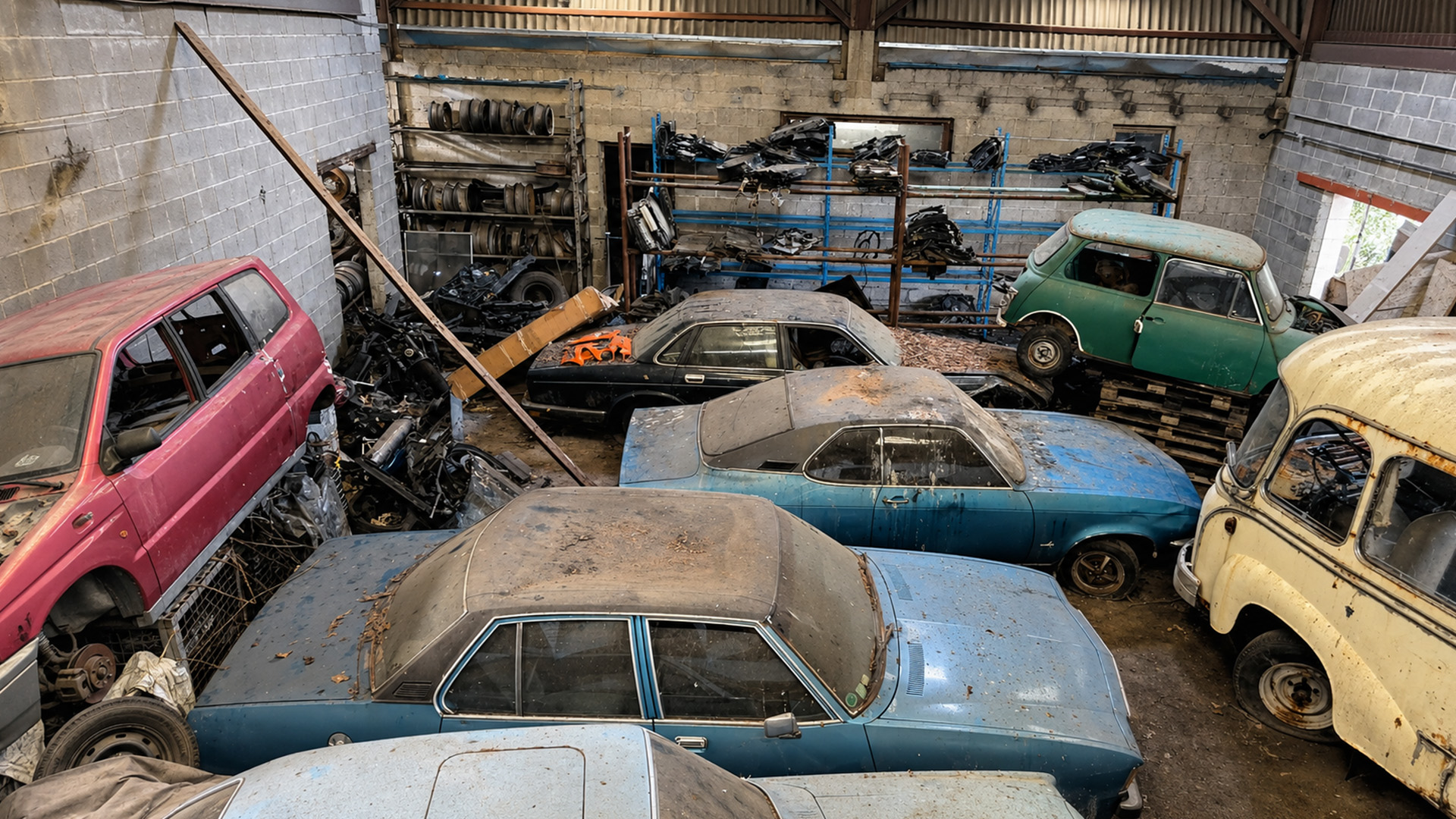 Retro cars and workshop equipment left untouched for many years