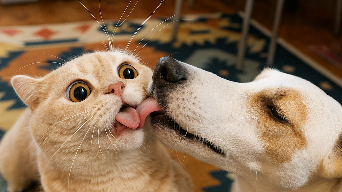 Hond en kat likken samen