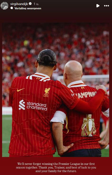 Van Dijk bedankt Slot na ontslag bij Liverpool: 'Dat zullen we nooit ...