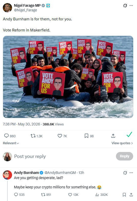 Nigel Farage posts AI image of migrants with 'vote Andy Burnham' signs