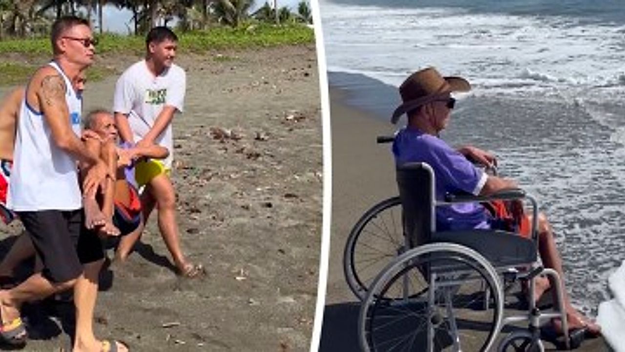 Family carries bedridden father across beach so he can feel the sea again
