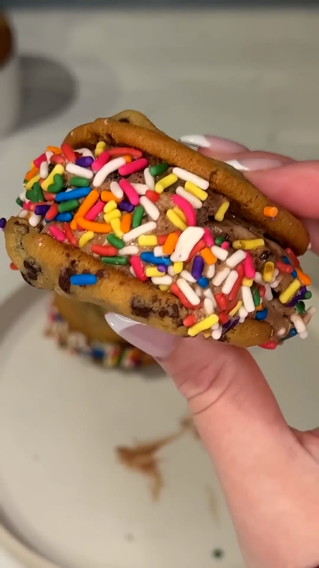 Frozen dairy pressed between two cookies for handheld treat