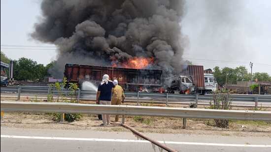 Three trucks catch fire after highway crash in Prayagraj