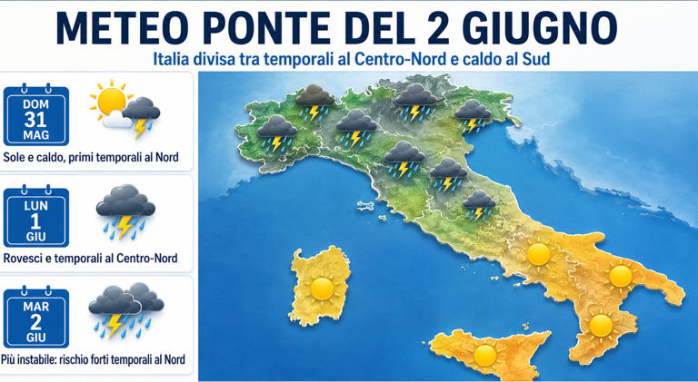 Meteo ponte 2 giugno, Italia divisa in due: forti temporali su 6 ...