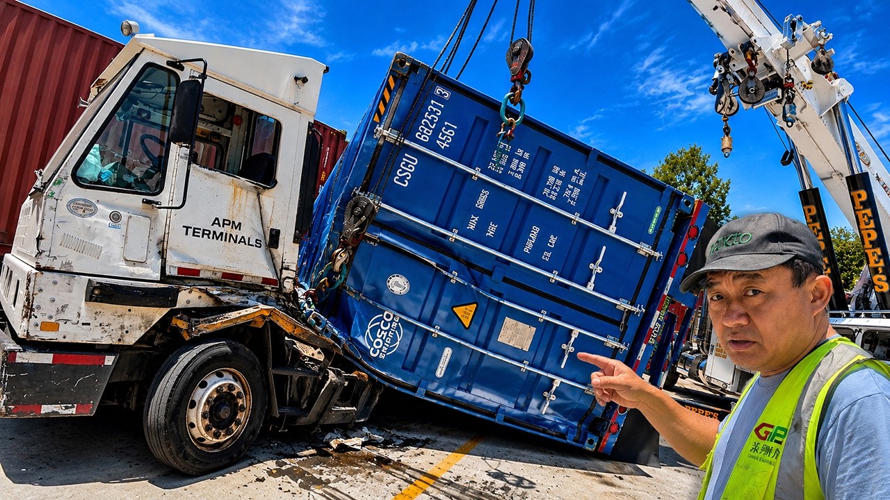 Shipping container lands on yard goat