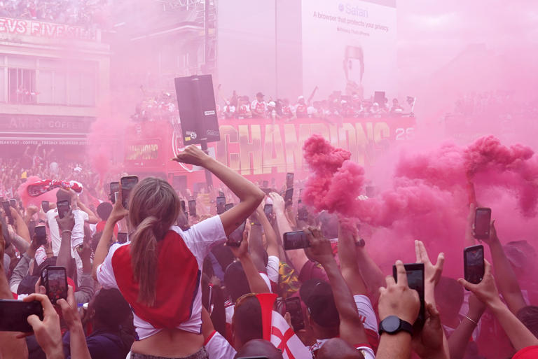 Stacey Solomon and Joe Swash celebrate Arsenal title win at bus parade