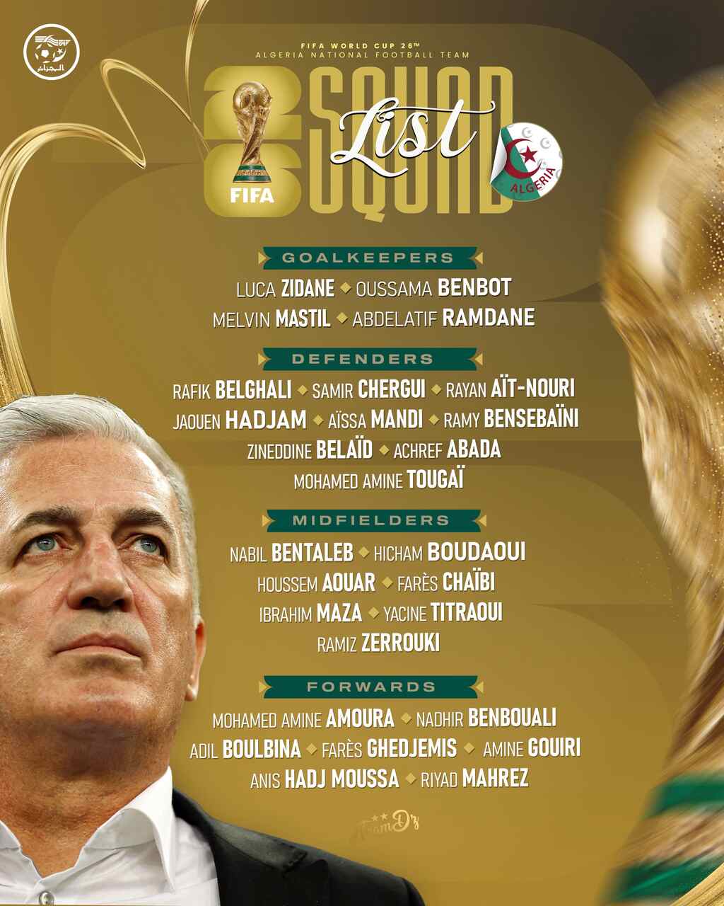 Com o astro Mahrez e o filho de Zidane, Argélia divulga a lista da Copa