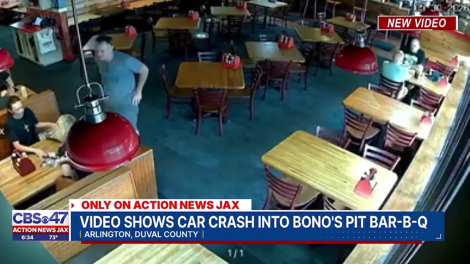 Surveillance footage shows moment car crashes into Bono's Pit Bar-B-Q