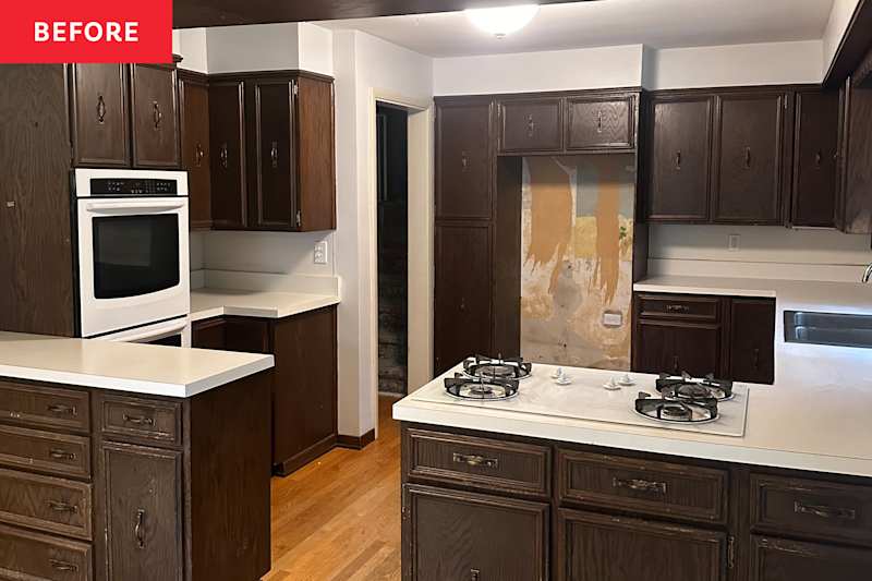 Soft oak and pink tiles replaced dark cabinets in this '90s kitchen