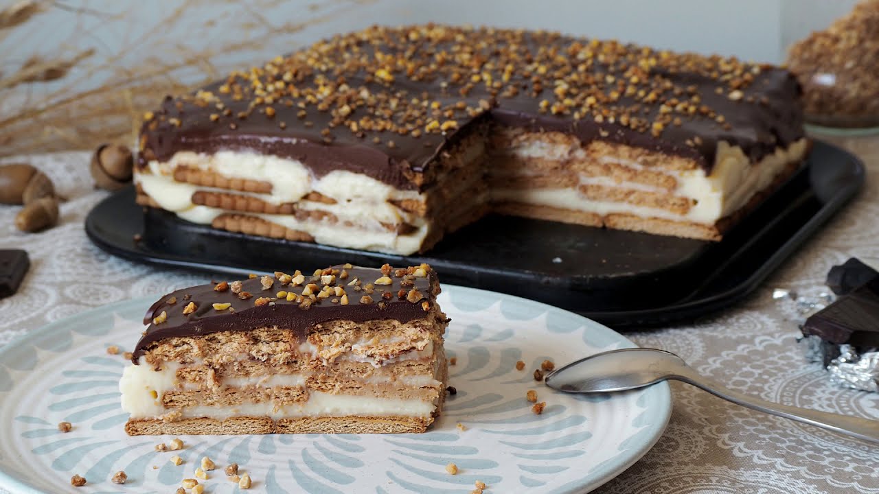 Tarta de galletas tradicional: receta con crema casera y chocolate