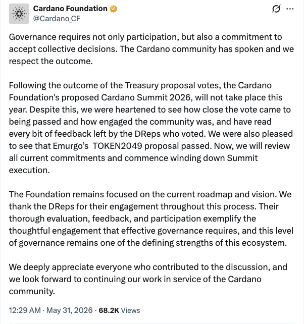 Cardano Foundation cancels annual conference after failed funding vote