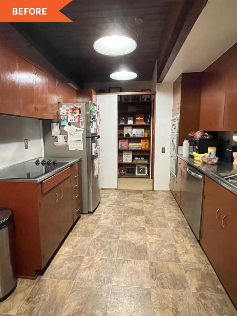 A dingy kitchen got a bold $500 redo thanks to peel-and-stick tiles