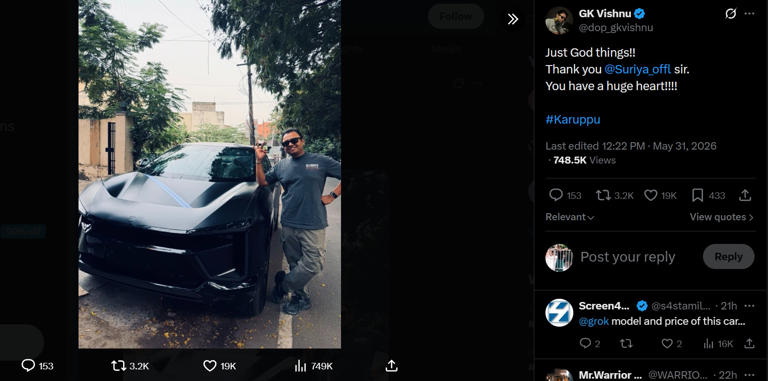 Suriya gifts Rs 30 lakh-worth cars to Karuppu crew as film hits Rs 300 ...