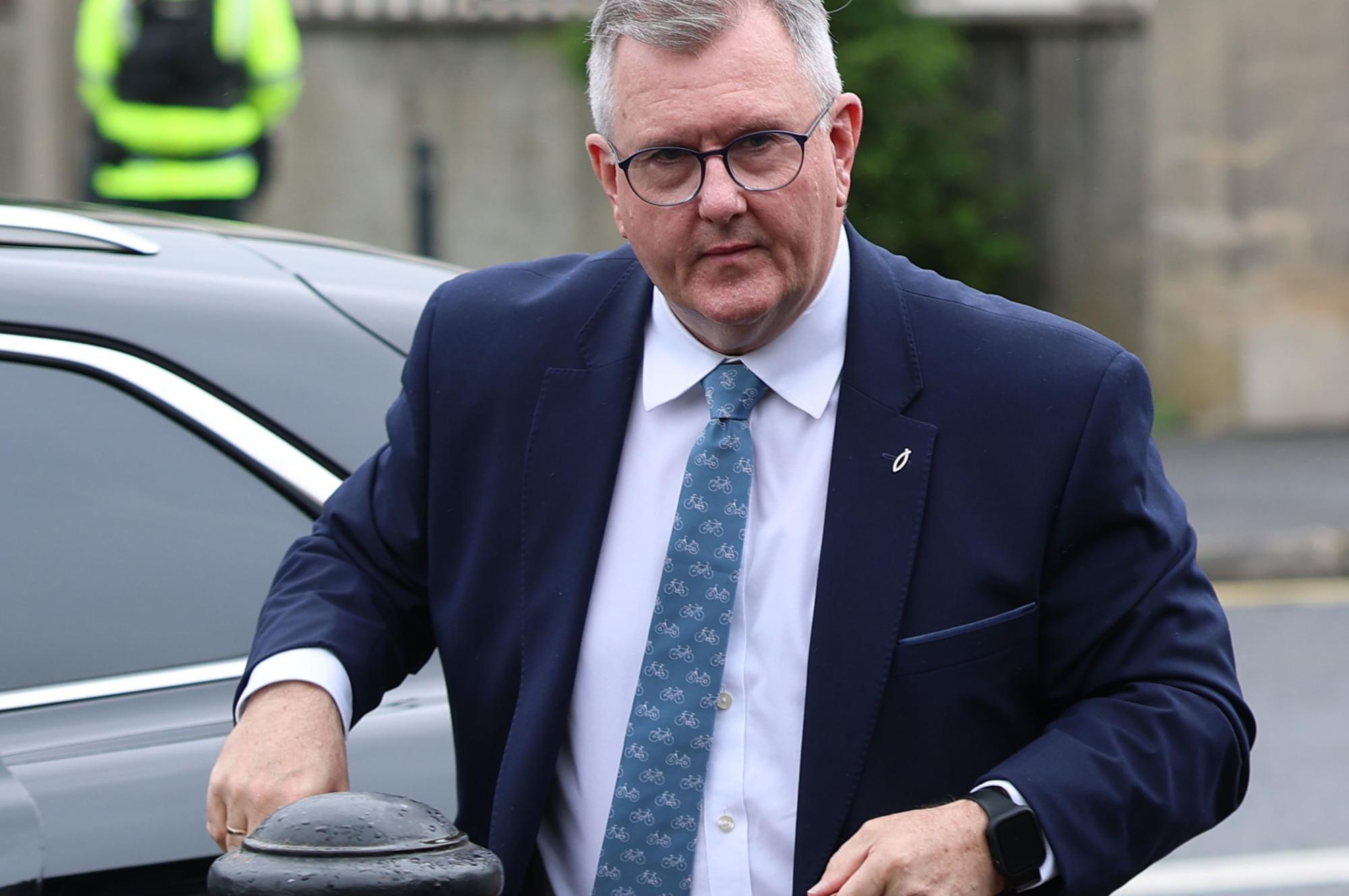 Jeffrey Donaldson arrives in court in Newry for the second week of his ...