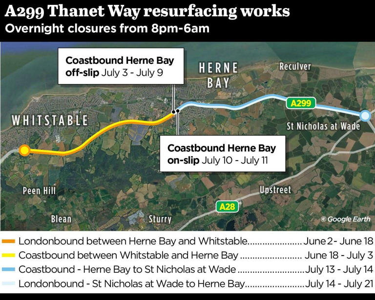 Weeks of overnight closures on A299 Thanet Way delayed as heavy rain ...