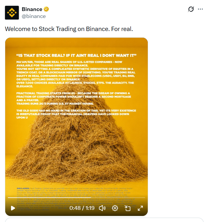 Binance adds US stock trading in push beyond crypto