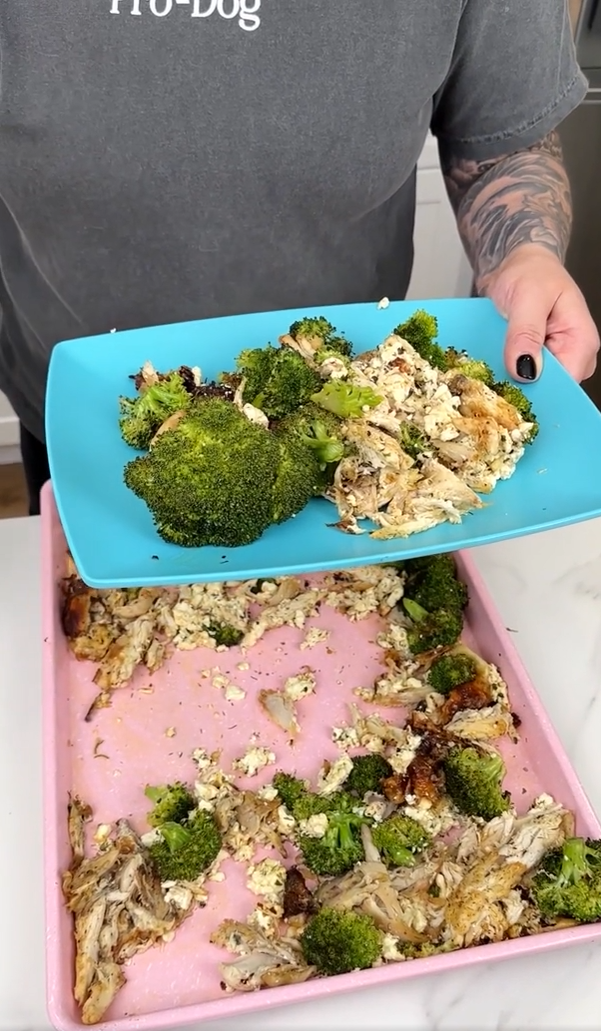 Healthy one pan dinner with chicken broccoli and feta