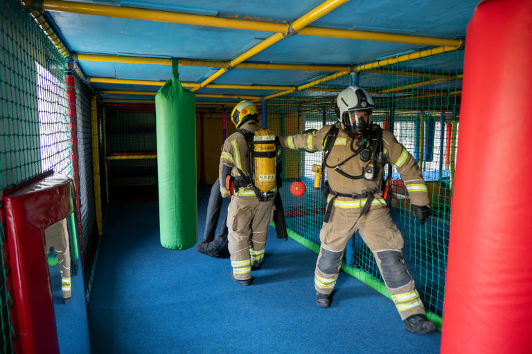 Fire crews navigate indoor play centre in simulated gas leak exercise