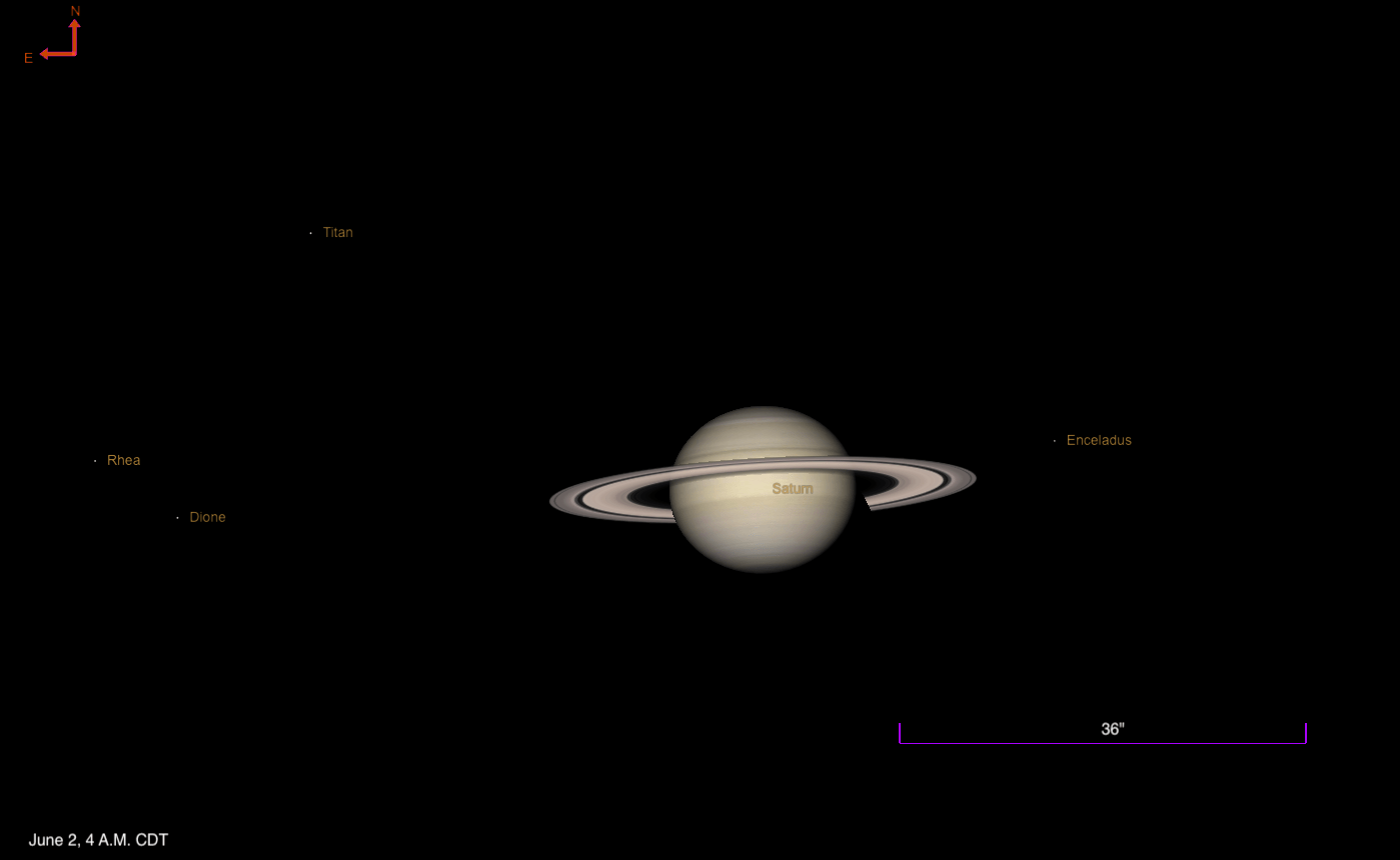 The sky today on Tuesday, June 2: Titan stands close to Saturn