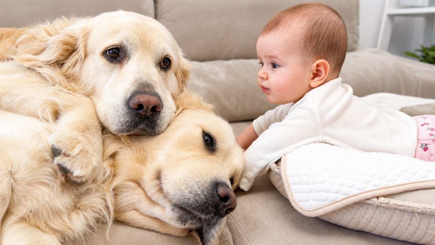 Baby touches a golden retriever for the first time
